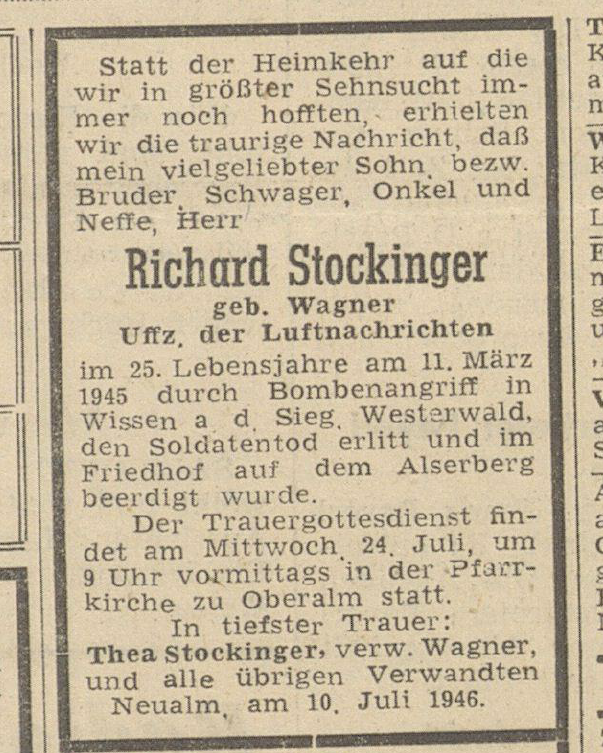 Stockinger, Richard | Das Kriegsende in der Heimat